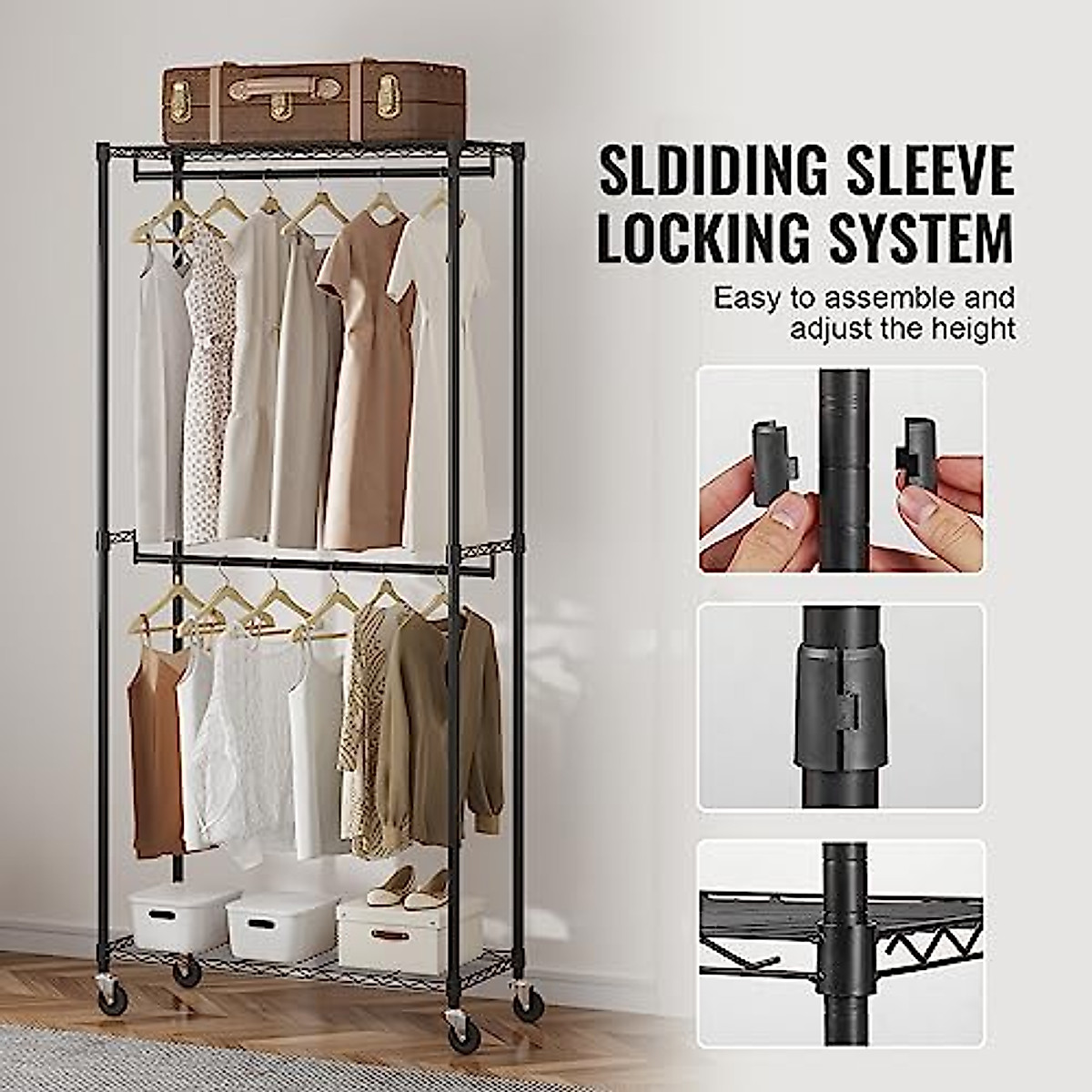 VEVOR Heavy Duty Clothes Rack, Double Hanging Rods Clothing Garment Rack with Bottom and Top Storage Tier, Rolling Clothing Rack for Hanging Clothes, 1'' Diameter Thicken Steel Tube Hold Up to 300Lbs