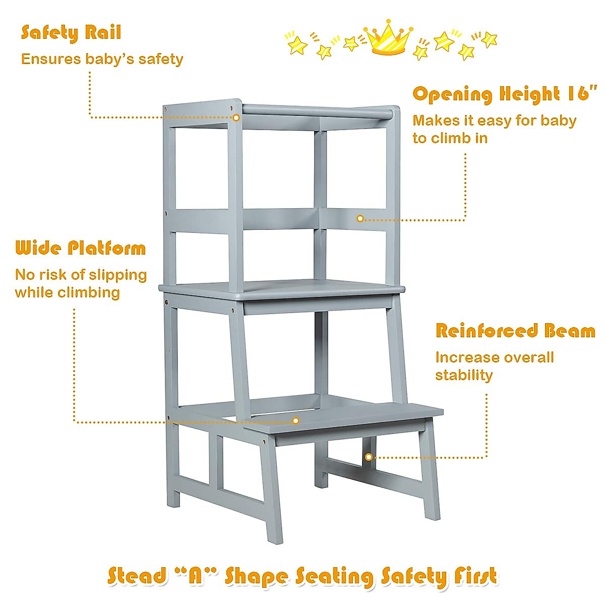 Costzon Kids Kitchen Step Stool with Safety Rail, Toddler Kitchen Stool w/Solid Bamboo Construction, Child Stand Helper for Kitchen Bathroom Living Room, Perfect for Toddler from 18-36 Months (Grey)