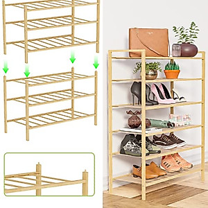 CoMokin 3-Tier Bamboo Shoe Rack with Side Pockets, Stackable | Sturdy | Multi-Function Shoe Shelf Storage Organizer for Closet Entryway Balcony Bathroom