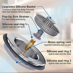 Auspok Upgraded 3 in 1 Kitchen Sink Silicone Drain Strainer Set, 304 stainless steel sink stopper, silicone anti-clogging catcher basket,3-layer leak-proof ring Filter for US standard 3-1/2 inch drain
