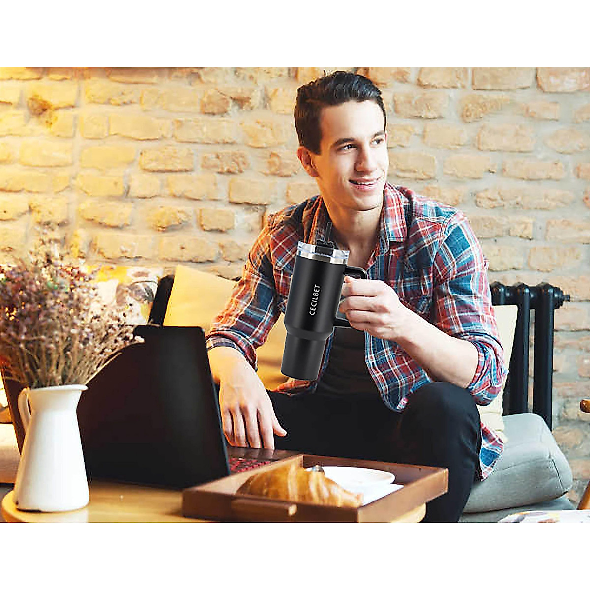 Cecilibet 40oz Tumbler With Handle and Straw Lid, Stainless Steel Insulated Travel Mug for Hot and Cold, Simple Sleek Modern Style Big Cup Dupes for Car (Orange)