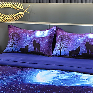 Wowelife Wolf Comforter Set Queen Galaxy Wolf Bed Set 5 Piece Blue Kids Comforter Set with Sheets Bedding Set Bed in a Bag for Adults with Comforter, Flat Sheet, Fitted Sheet and 2 Pillowcases