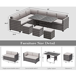 LHBcraft 7 Piece Patio Furniture Set, Outdoor Furniture Patio Sectional Sofa, All Weather PE Rattan Outdoor Sectional with Grey Cushions and Table, Grey Wicker (Grey)