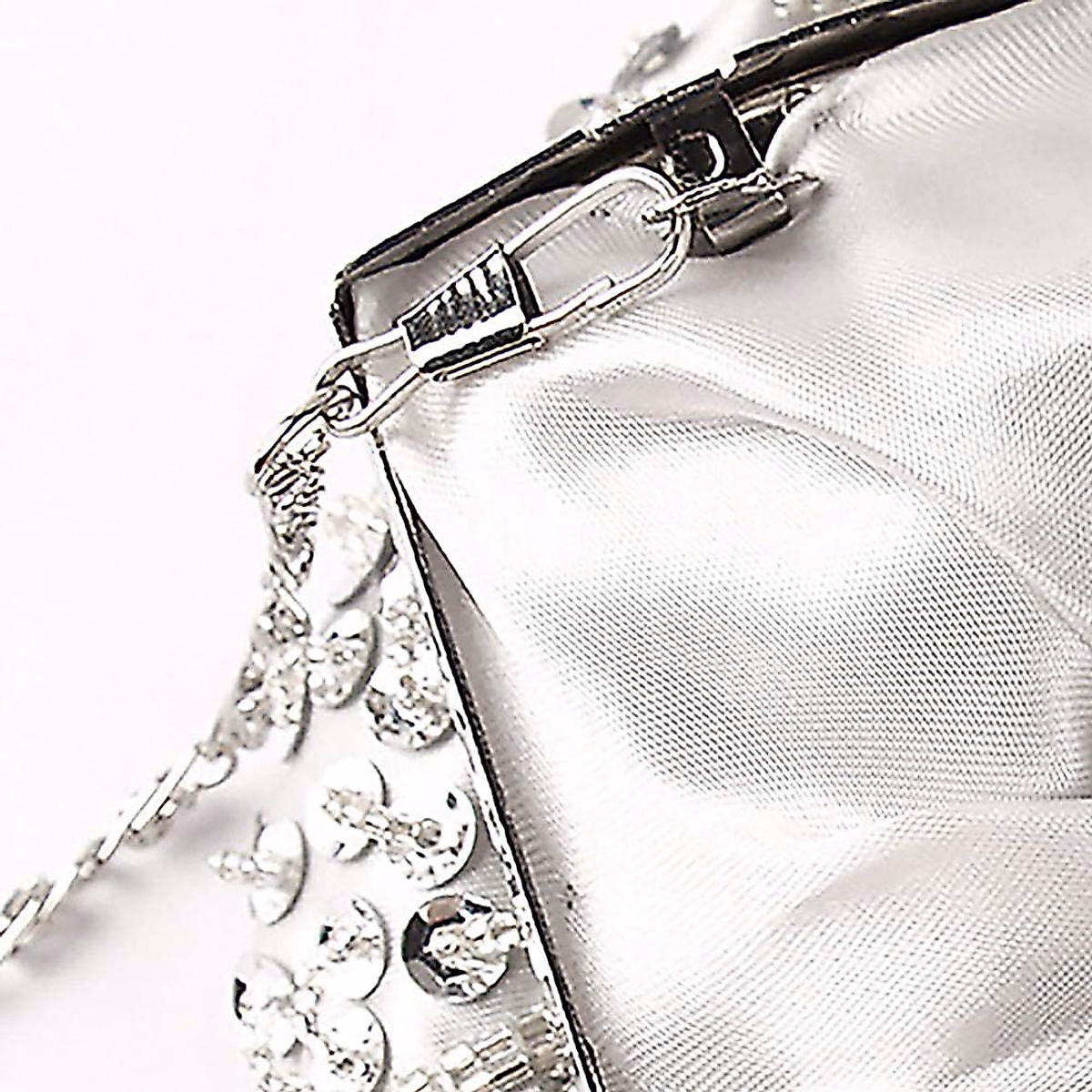 Women Vintage Beaded Evening Clutch Vintage Design Sequin Floral Top-handle Handbag Party Wedding Purse Wallet (Silver)