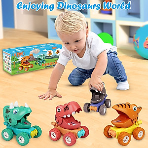 Obbay Dinosaur Toys for 2 Year Old Boy-Dinosaur Toy Cars for 5 Year Old Boys 4 Pack Set Car Toys for 3 Year Old Boys Christmas Birthday Gifts for Toddlers 2 3 4 5 Year Old Boys Girls