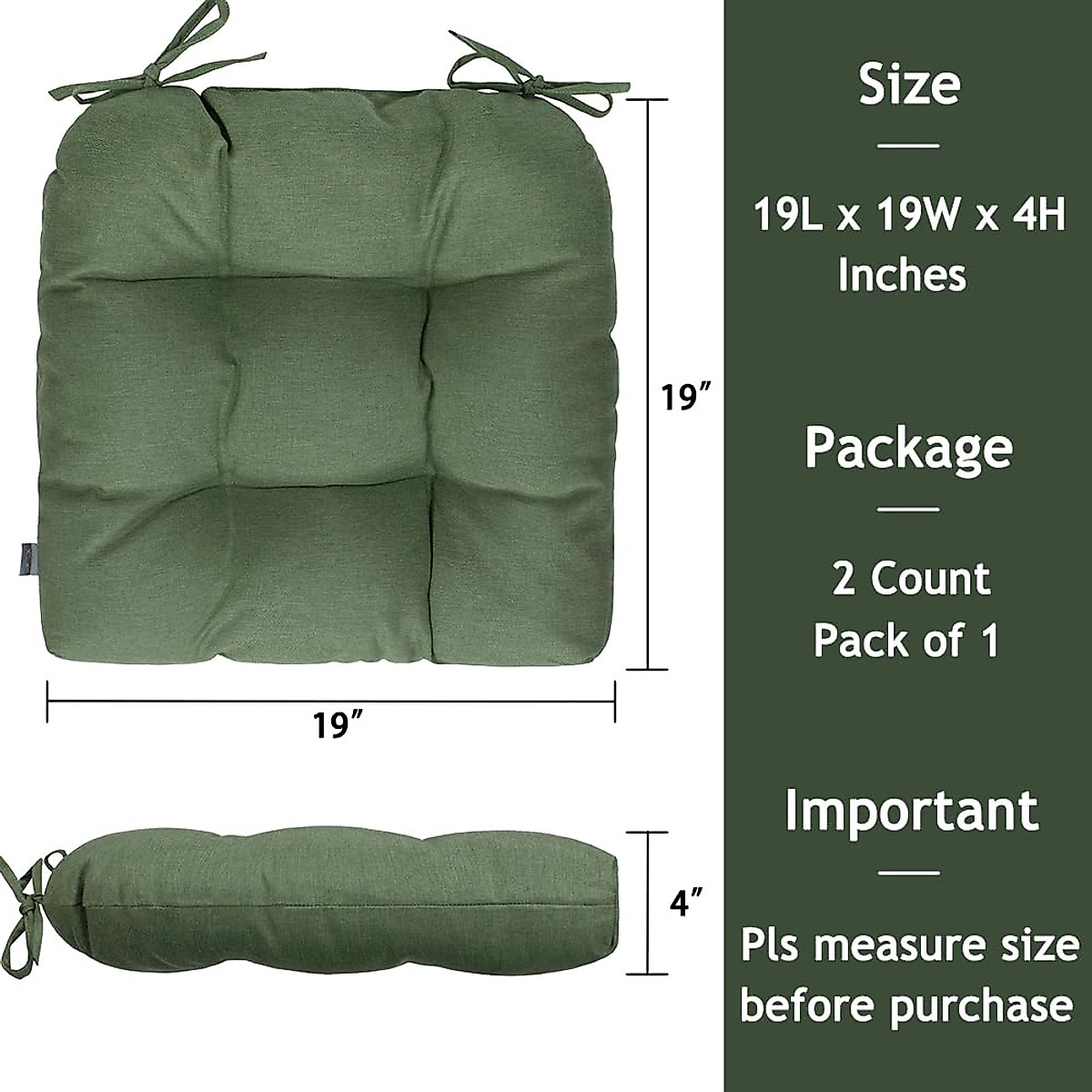 Magpie Fabrics 19"x19" Tufted Seat Cushion 2 Pack, U-Shaped Patio Cushions with Ties, Outdoor/Indoor Chair Pads Waterproof for Dining Garden Balcony Office - Green