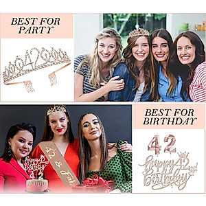 42nd Birthday Decorations for Her Women, Including 42 year old Birthday Cake Topper, Birthday Queen Sash with Pearl Pin, Sweet Rhinestone Tiara Crown, Number Candles and Balloons Set, Rose Gold