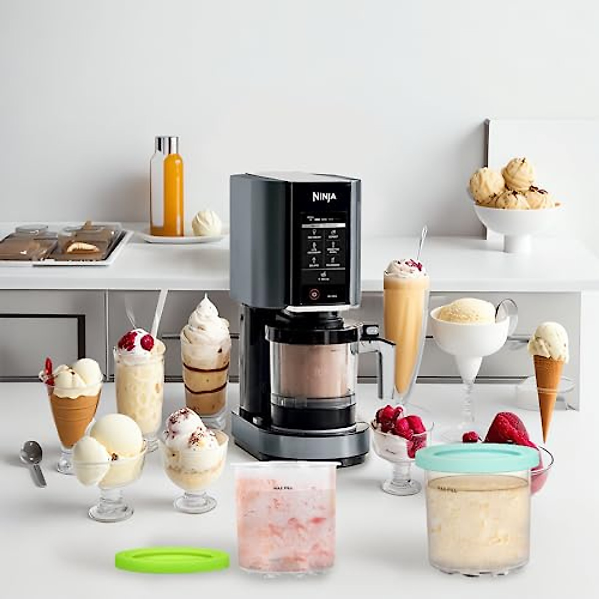 Fitchi Containers Replacement for Ninja Creami Pints and Lids - 2 Pack, 16oz Cups Compatible with NC300 & NC301 & NC299AMZ Series Ice Cream Maker, Leakproof, and Dishwasher Safe, Pink/Grey