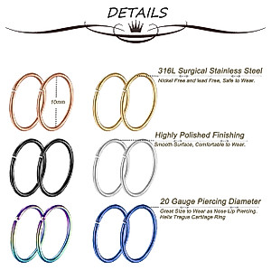 Masedy 12Pcs 20G 316L Stainless Steel Nose Rings Hoop Tragus Cartilage Septum Ring Lip Piercing 10MM