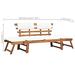 vidaXL Solid Acacia Wood Patio Bench with Cushions 2-in-1 Outdoor Garden Lawn Yard Terrace Balcony Lounge Bed Seat Seating Furniture