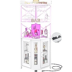 Aheaplus Corner Bar Cabinet with Power Outlet, Industrial Wine Cabinet with LED Strip and Glass Holder, 5-Tiers Liquor Cabinet Bar Unit for Home, Corner Display Cabinet for Small Space, White