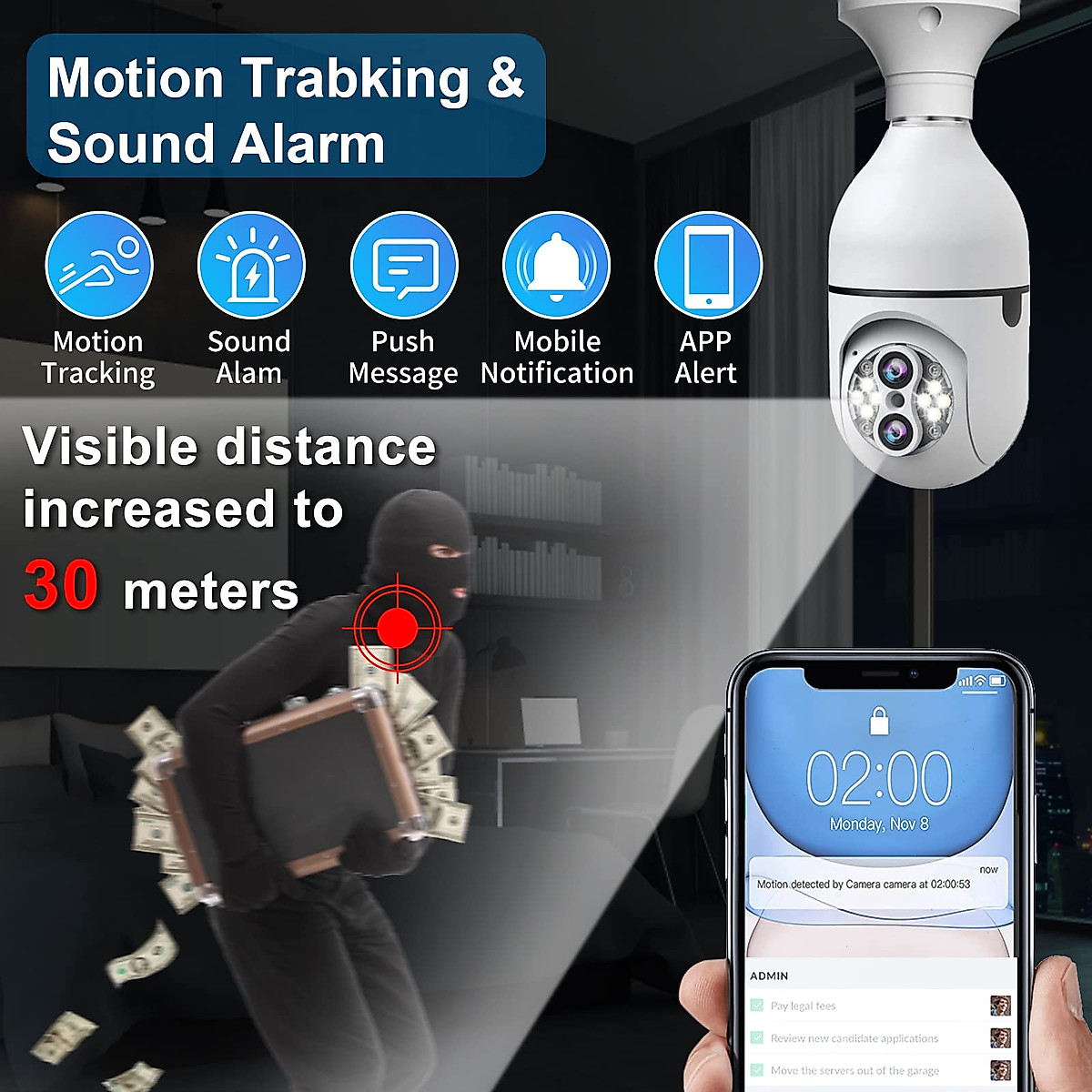 Light Bulb Security Camera, Upgrade 10X Digital Zoom Light Bulb Camera, WiFi Dual Lens Indoor Outdoor Light Socket Security Camera with APP/Color Night Vision/Motion Tracking/Two-Way Audio