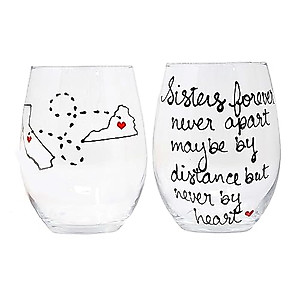 Sisters Long Distance Sister Wine Glass, Personalized Sister Gift, All Countries and States Available Hand Painted Stemless Wine Glass