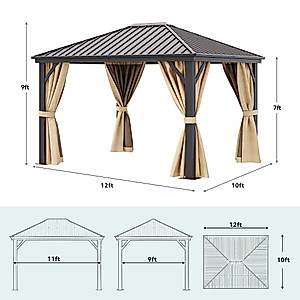 YITAHOME 10x12ft Hardtop Gazebo with Nettings and Curtains, Heavy Duty Galvanized Steel Outdoor Vertical Stripes Roof for Patio, Backyard, Deck, Lawns, Brown