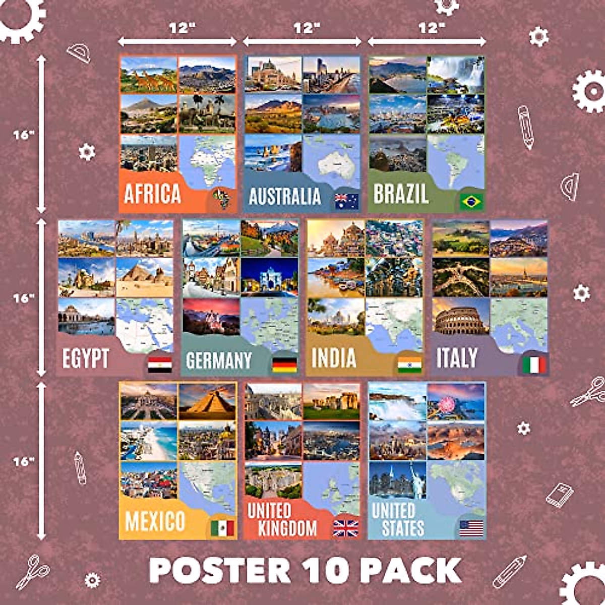 Sproutbrite Social Studies Geography Places Around the World - Middle School History Posters Classroom Decorations and Learning Materials for K-12 Students and Teachers