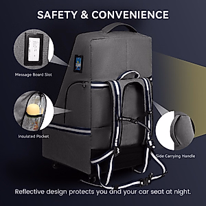 RUCYEN Rolling Car Seat Travel Bag, Padded Carseat Travel Backpack for Airplane,Large Durable Travel Bag with 4 Wheels,Adjustable Shoulder Strap and Waterproof Base Dark Grey
