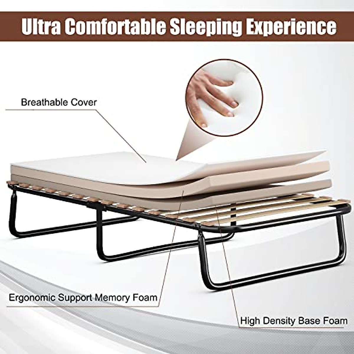 GOFLAME Folding Bed Cot Size, Rollaway Guest Bed with Memory Foam Mattress and Metal Frame for Adults, Portable Sleeping Bed for Home and Office, Made in Italy