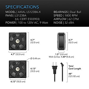 AC Infinity AXIAL LS1238, Quiet Muffin Fan, 120V AC 120mm x 38mm Low Speed, UL-Certified for DIY Cooling Ventilation Exhaust Projects