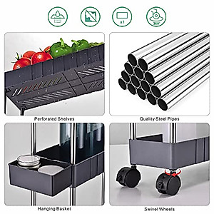 L&H UNICO 4-Tier Slim Rolling Storage Cart Small Kitchen Mobile Shelving Unit Organizer Perfect for Tight Spaces with Little Storage Basket, Gray