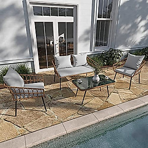 Taylor & Logan Iya 4 Piece Boho Rope Rattan Patio Conversation Set with Tempered Glass Top Coffee Table and Gray Cushions for Indoor/Outdoor Use, Natural