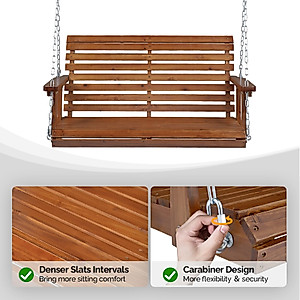 VINGLI 4 FT Outdoor Porch Swing, Upgraded XL Size Seat Depth & Back Height Wooden Patio Swing, Heavy Duty 880 LBS Front Hanging Swing for Yard, Tree, Balcony (Brown)