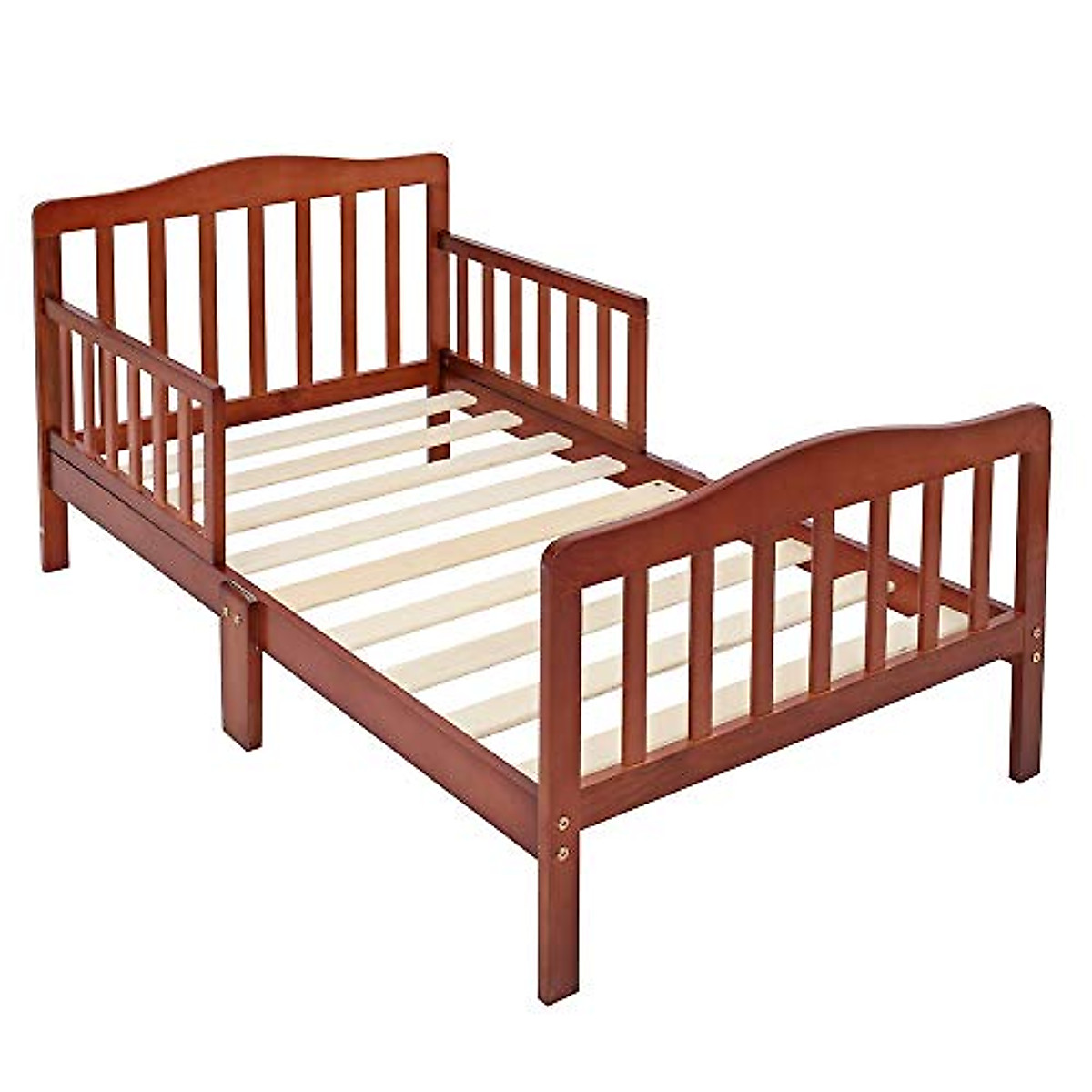 Volowoo Bed Frame for Children, Solid Pine Wood Frame with Safety Guardrail,Classic Sleeping Wooden Bedroom Furniture Small Kids Single Bed for Girls & Boys, 53" x 30" x 24.5" (L x W x H)，Brown