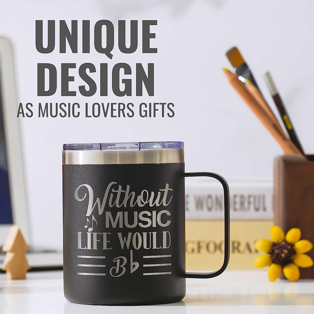 Onebttl Music Lover Gifts For Men, Male, Him - Without Music Life Would B Flat - 12 oz /350 ml Insulated Mugs with Lid - Musician Gifts, Musical Lovers Gift - (Black)