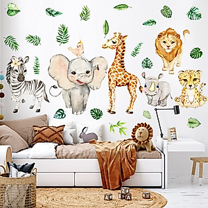Colarr 2 Sheets Jungle Animals Sun Wall Decals Watercolor Safari Wall Stickers, Removable Elephant Lion Baby Room Decor Nursery Wall Art for Baby Nursery Kids Room Living Room Wall Decor (Animal)