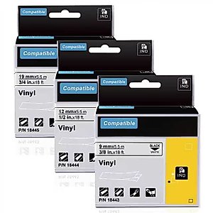 Aonomi Rhino 18443 18444 18445 9mm 12mm 19mm Label Tapes Replace for DYMO Rhino 3/8" 1/2" 3/4" Permanent Vinyl Tape Compatible with DYMO Rhino 4200 5200 5000 6000+ Label Maker, Black on White,3-Pack
