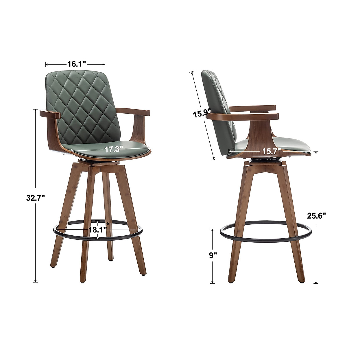 WUPOTO Bar Stools Set of 2, Upholstered Faux Leather Counter Height Bar Stools, Swivel Barstools with Wooden Arms and Legs, 25.6-Inch Seat Height(Green, Pack of 2)