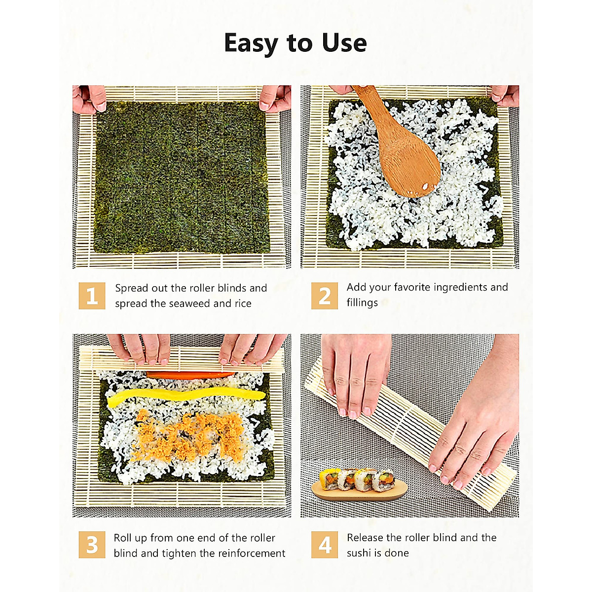 JIALEEY Bamboo Sushi Rolling Mat, 9.5x9.5 Inch, 4 PCS Set