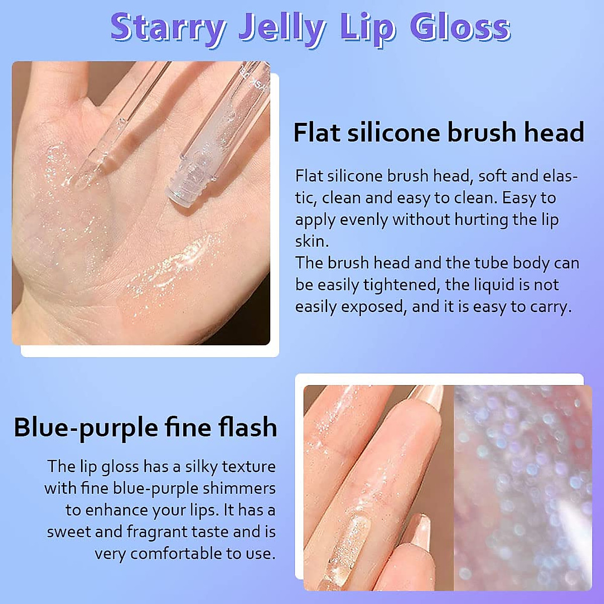 evpct 2Pcs Clear Blue Holographic Glitter Shimmer Plumping Lip Gloss Glosses Set Kit Clear Pack,Hydrating Moisturizing Glossy Shiny Glimmer Golw Water Transparent Lipstick Lip Gloss Care 5g/0.176oz