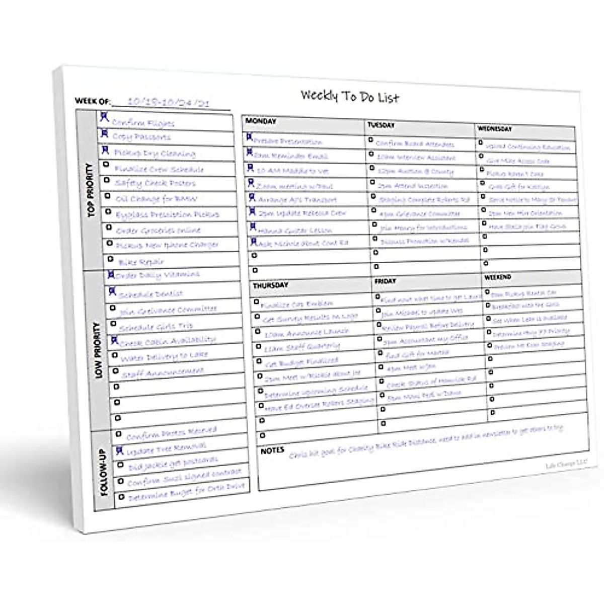 Weekly TO DO List Notepad, 50 Page Task Planner Pad w/ Daily Checklist, Priority ToDo Checkbox & Note Sections. Desk Notebook Pad to Organize Office. 11 X 8.5, A4 Sheets. Made in the USA.