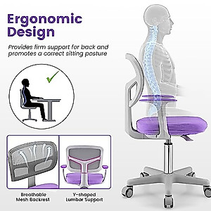 Giantex Kids Desk Chair, Height Adjustable Children Swivel Computer Chair with Y-Shaped Lumbar Support & Auto Sit-Locking Wheels, Mesh Kids Task Chair for Study, Boys Girls Aged 4-13,Purple