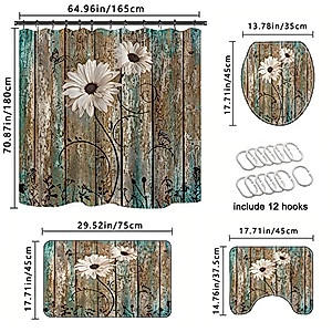 4 PCS Rustic Flower Shower Curtain Set with Non-Slip Rug,Toilet Lid Cover,U Shape Mat,Farmhouse Waterproof Fabric Shower?Curtains with 12 Hooks and Rug Mat Set for Bathroom,71''L
