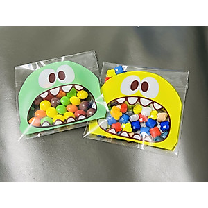 Alvene 400pcs Cookie Bags, Big Mouth Monster Self Adhesive Bags,4 x 4 Inch Flat Cellophane Goody Bags, DIY For Kids Party Favor, Candies Cookies And Chocolates (Four Colours)