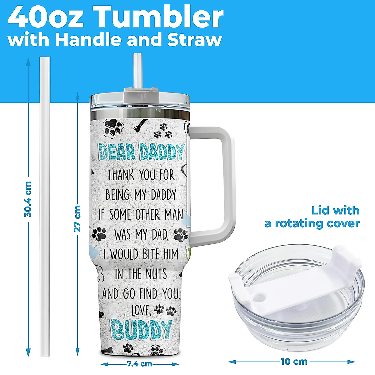 Hyturtle Personalized Picture Dog Dad 40oz Tumbler with Handle and Straw Gifts for Dog Lovers, Funny Father's Day Cup Gifts For Men, Best Gift Ideas for Fur Dad Stainless Steel Travel Cup With Lid