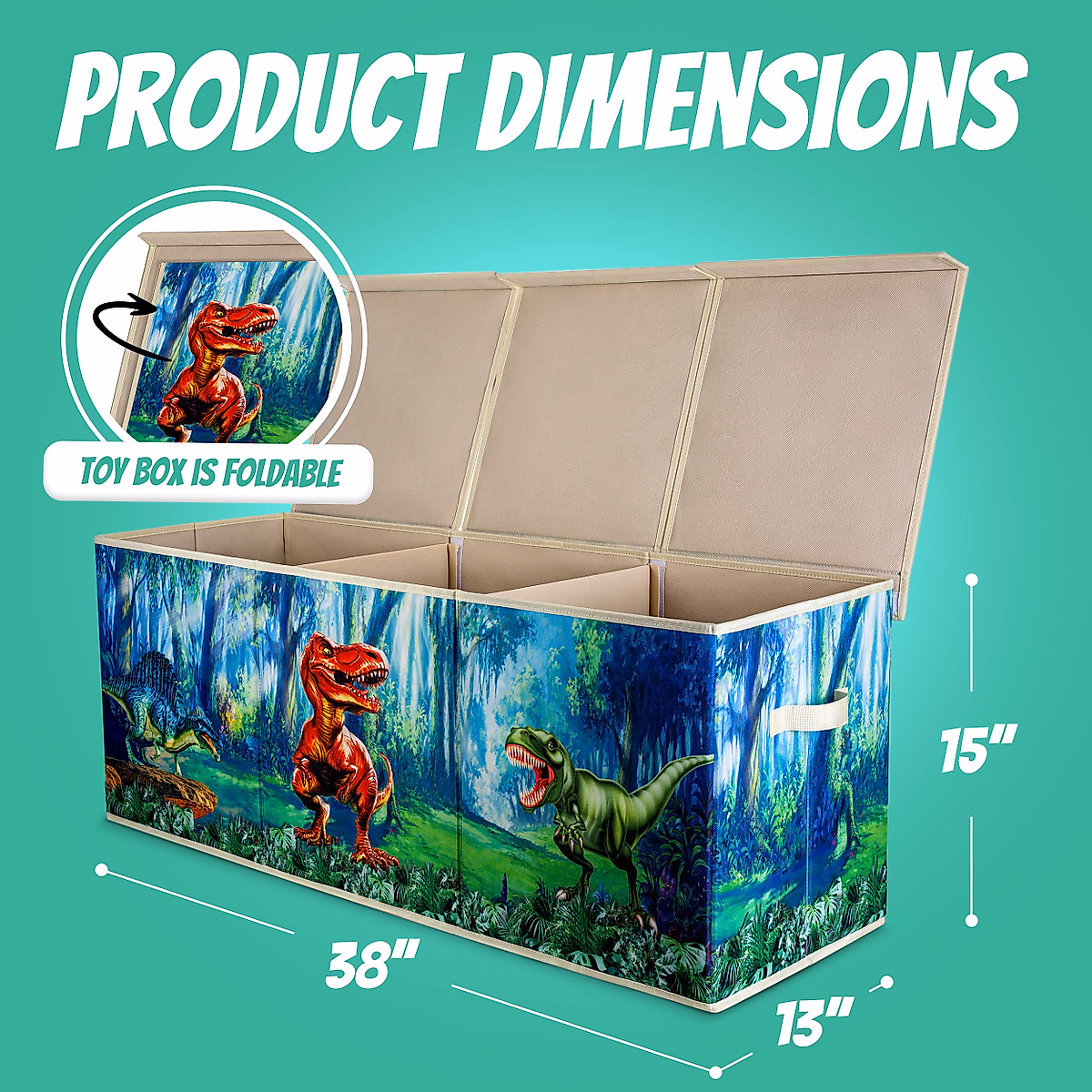 Toy To Enjoy Kids Toy Box - Large Stuffed Animal Storage, Collapsible Toy Chest Bin, Durable Fabric Toy Box for Boys & Girls - Storage Basket with Lid & Removable Inserts, 38x13x15 Inches (Dinosaur)