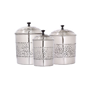 Old Dutch 3- Piece Antique Embossed "Victoria" Canister Set, 5.5 Qt, 4Qt, 3Q, Silver, 3 pc. (411)