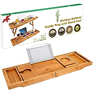 Sorfity Bathtub Caddy & Laptop Bed Desk - 2 in 1, Bath Tray Built-in Stand for Books or Tablets, Bathtub Holder and Organizer with Smartphone and Wine Glass Holder, Tablet Holder