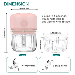KONBANZE 2-CUP Electric Portable Mini Garlic Onion Chopper Crusher Small Food Processor Mini Food Processor Masher USB Charging Food Vegetable Cutter Kitchen Gadgets (PINK)