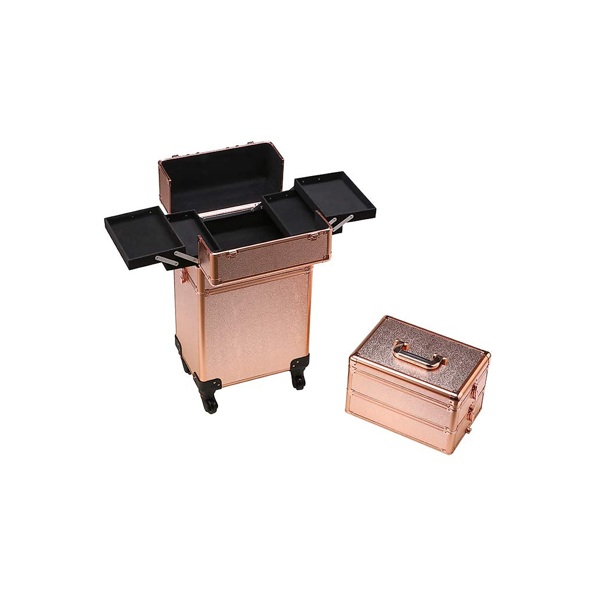 Rolling Train Case 5-in-1 Portable Makeup Train Case Professional Cosmetic Organizer Makeup Traveling case Trolley Cart Trunk (Rose Gold)