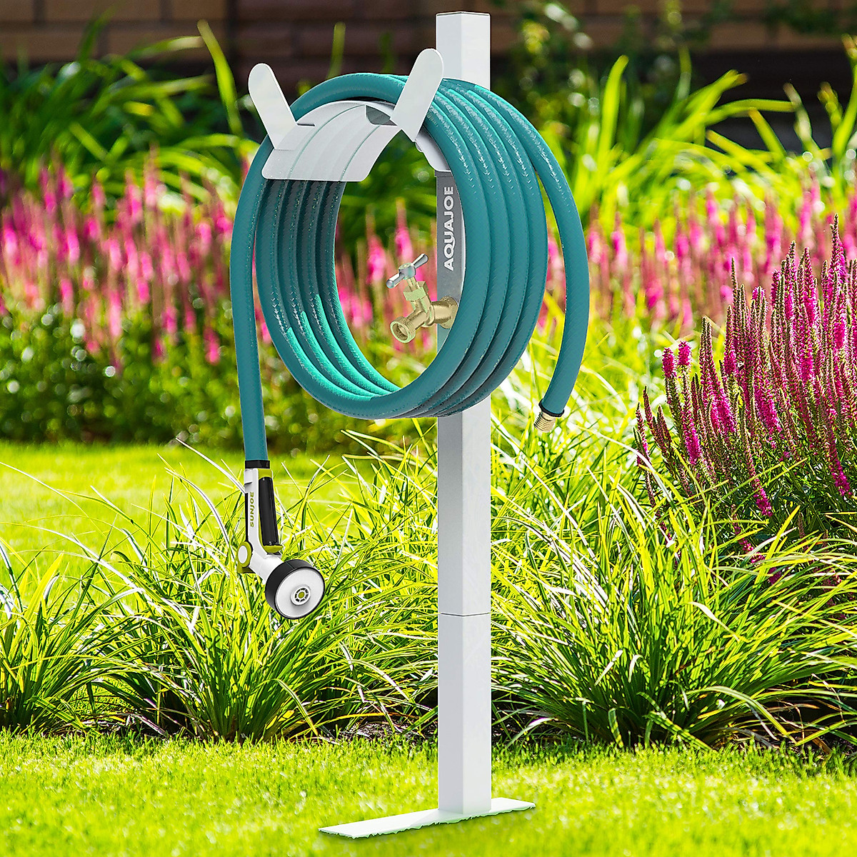 Aqua Joe SJ-SHSBB3LIH Garden Hose Stand with Brass Faucet and 3 ft Lead in Hose, Gray