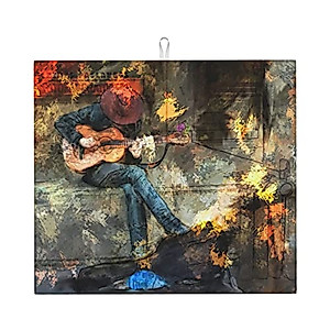 Musical Man Playing Guitar Printed Drying Mat For Kitchen Ultra Absorbent Microfiber Dishes Drainer Mats Non-Slip Silicone Quick Dry Pad - 18 X 16inch