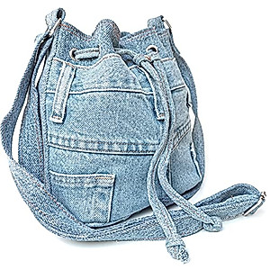 Bijoux De Ja Upcycling Blue Denim Jeans Small Drawstring Crossbody Bag Bucket Pouch Sac Shoulder Handbag Purse
