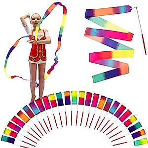 FEQO 25 Pack Dance Ribbon Streamers 78.7 Inch Ribbon Streamer Wand on Stick Coloful Ribbons Gymnastics Baton Streamer Twirling Ribbons for Dance Kids Party Favors