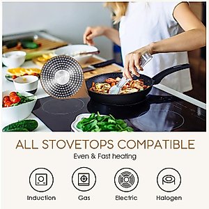 KOCH SYSTEME CS CSK 11+12in Nonstick Frying Pan Sets With Glass Lids-Cookware Sets With Stone-Derived Ultra Nonstick Coating,100% PFOA&APEO Free,Induction Available Frying Skillets,Wok Pans,4PC,Black