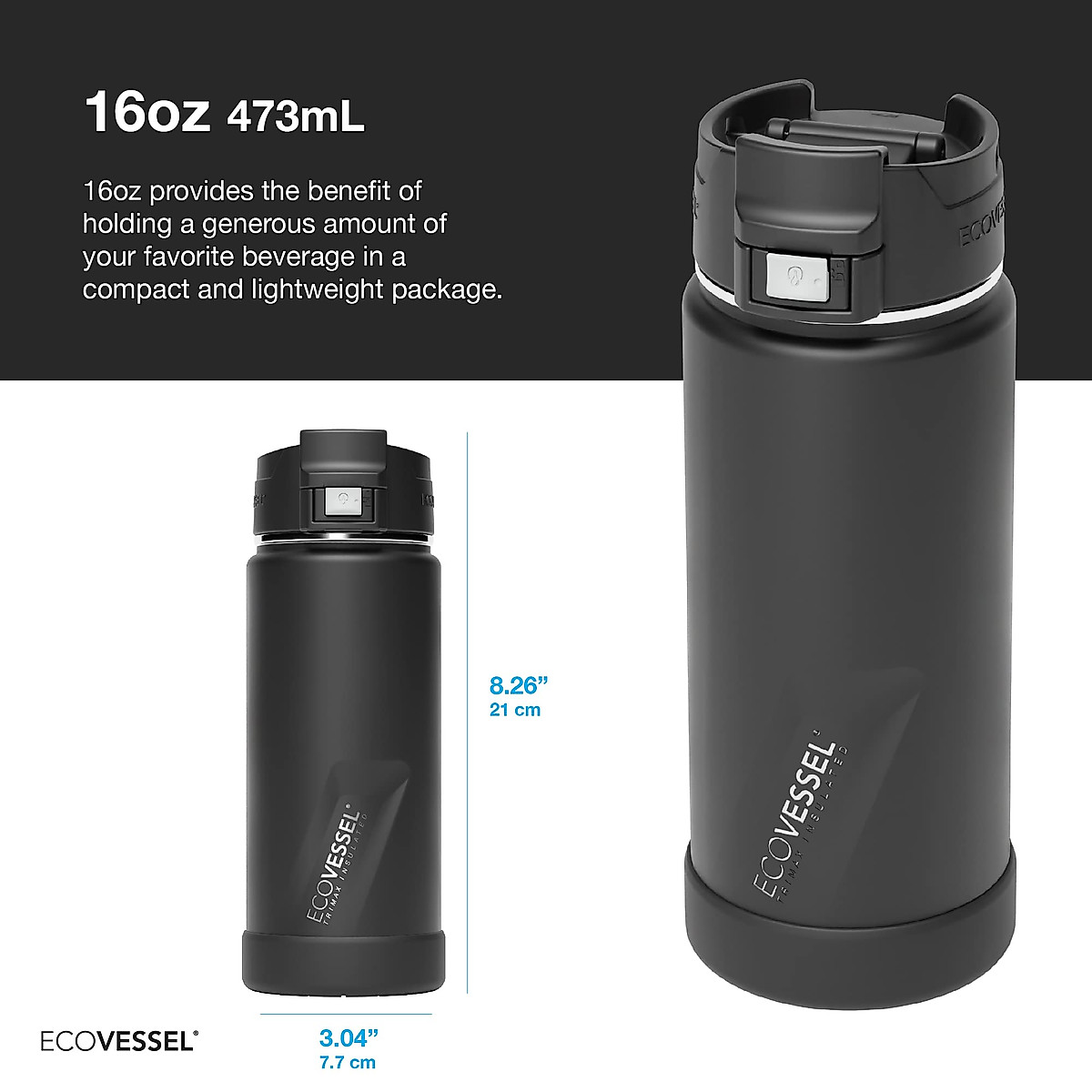 EcoVessel PERK Trimax Vacuum Insulated Stainless Steel Travel Bottle for Coffee & Tea with Push Button Locking Top – 16oz (Slate Gray)