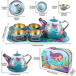 Mermaid Teapot Set for Kids Tea Party Kitchen Pretend Play - 15 Piece Under The Sea Metal Tea Time Toy for Girls