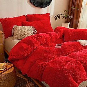 Red Fluffy Comforter Cover Shaggy Plush Set,Ultra Soft Faux Fur Duvet Cover Bedding Sets Queen 3 Pieces with Pillow Cases, red Fuzzy Bed Set Zipper Closure (Red, Queen)